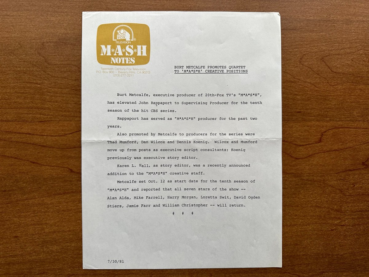 Press Pass 20: “Burt Metcalfe Promotes Quartet to M*A*S*H Creative ...